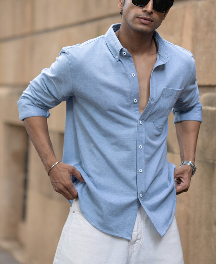 Blue Knitted Button Down Shirt – Powerlook