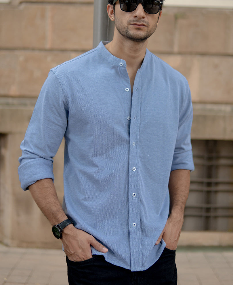 Blue Knitted Mandarin Collar Shirt – Powerlook