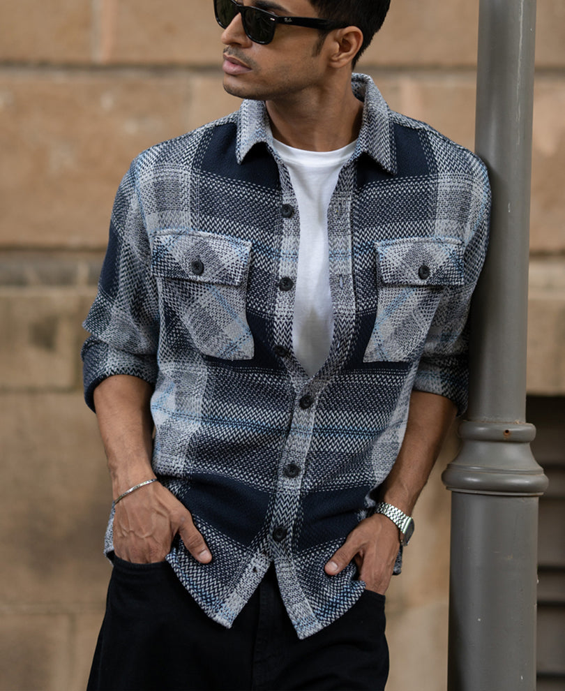 Grey And Navy Structured Checks Shirt – Powerlook