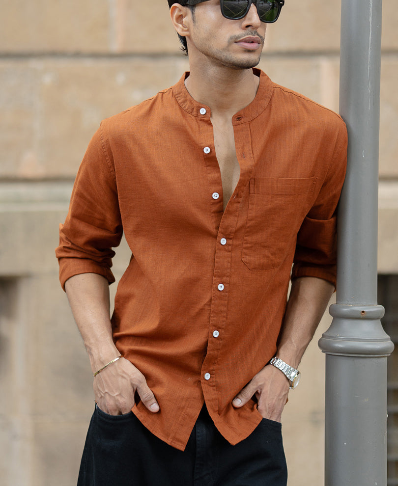 Brown Mandarin Collar Shirt – Powerlook