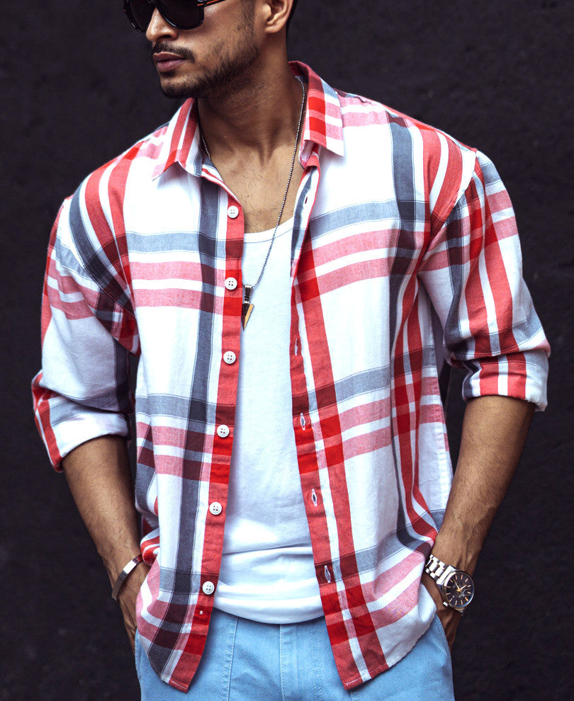 Checked Shirts- White and Red Check Print Oversized Shirts for Men ...