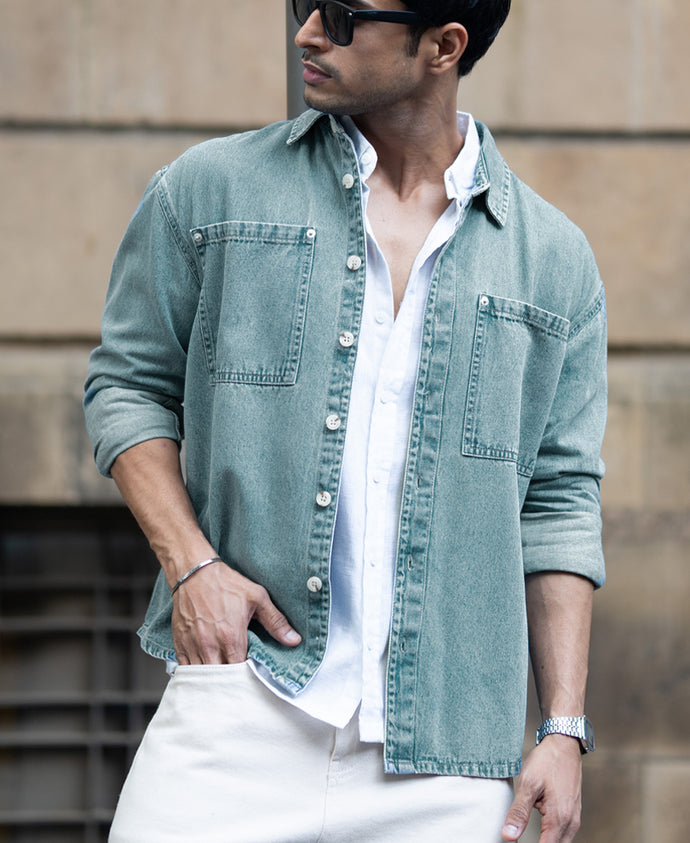 Buy Mid Blue Washed Denim Shirt for Men | POWERLOOK – Powerlook
