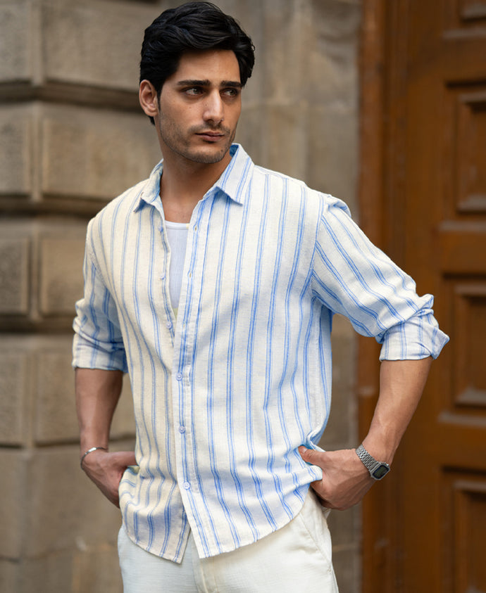 Buy Natural & Blue Broad Stripe Shirt Online | POWERLOOK