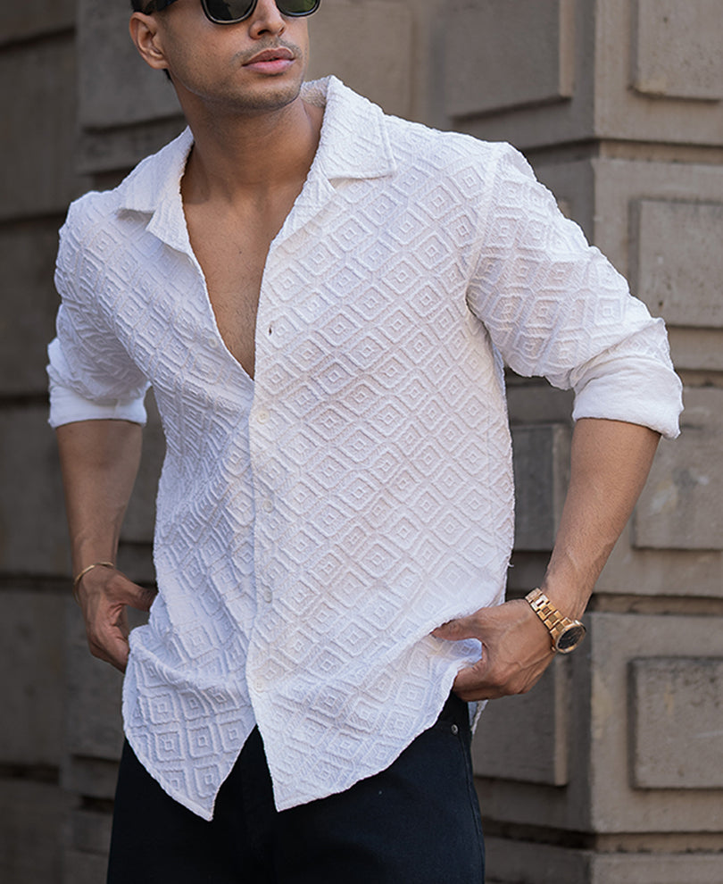 Buy Stylish White Geometric Jacquard | Mens Full Sleeves Shirt – Powerlook